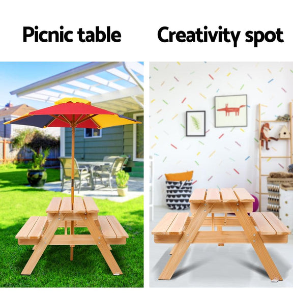 Kids Picnic Table with Umbrella – Wooden Outdoor Table & Bench Set for ...
