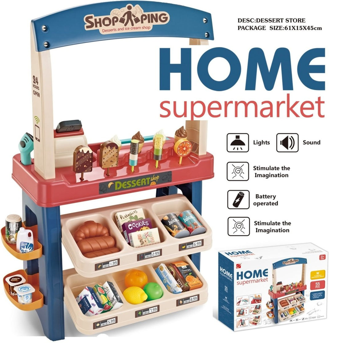 Kids Supermarket Ice Cream Cart Shop Dessert Food Pretend Role Play Se ...